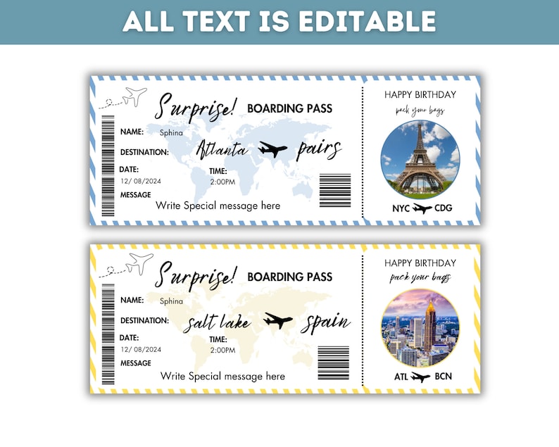 Editable Boarding Pass Template: Personalized Airline Ticket (digital ...