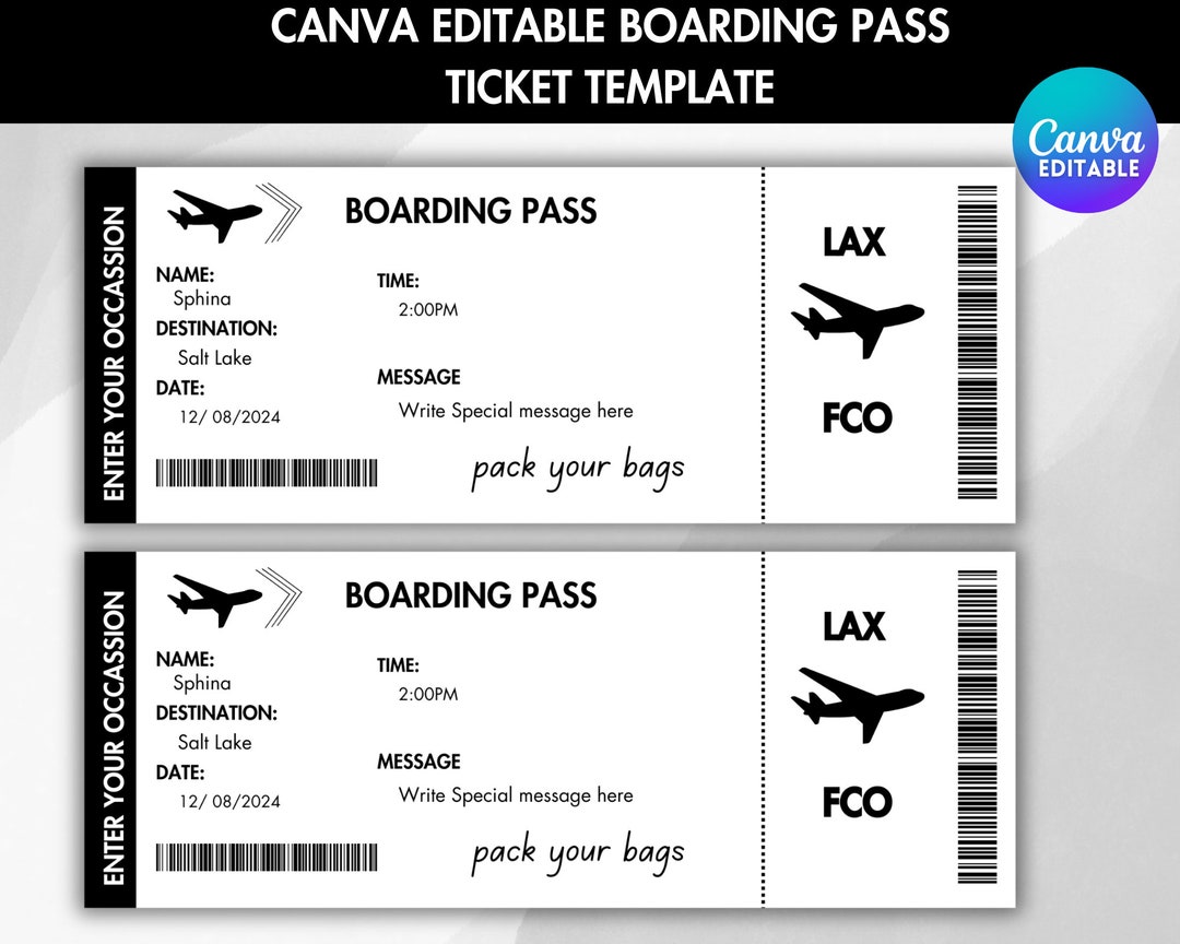 Bewerkbare instapkaartsjabloon, afdrukbaar gepersonaliseerd vliegticket ...