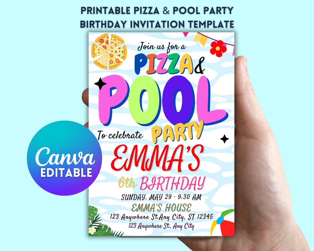 Printable Pizza Pool Party Birthday Invitation Template, Boy Pool Party ...