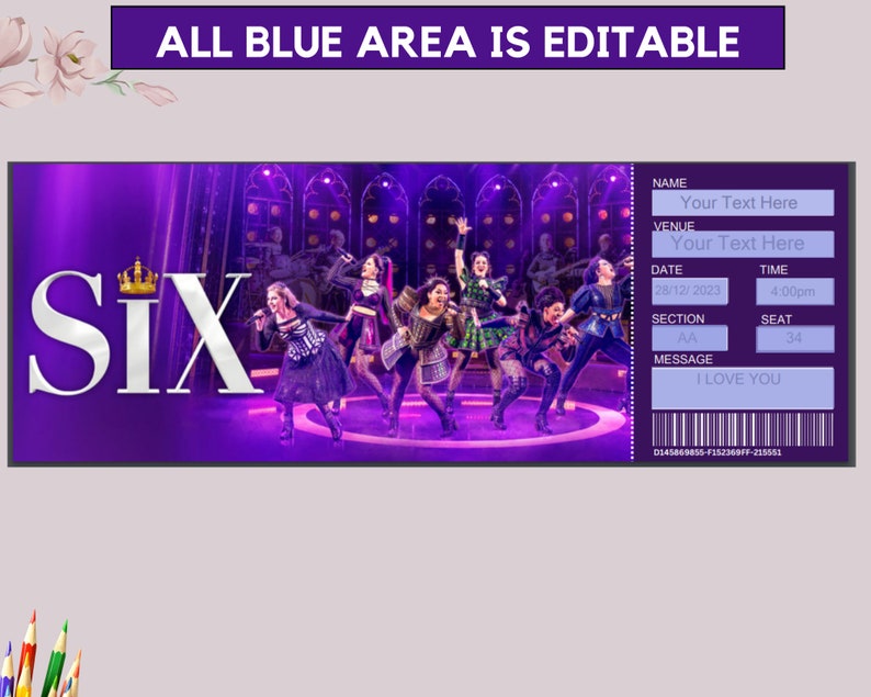 Editable Six Musical Broadway Surprise Ticket Template, Printable Six Musical Event Ticket ...