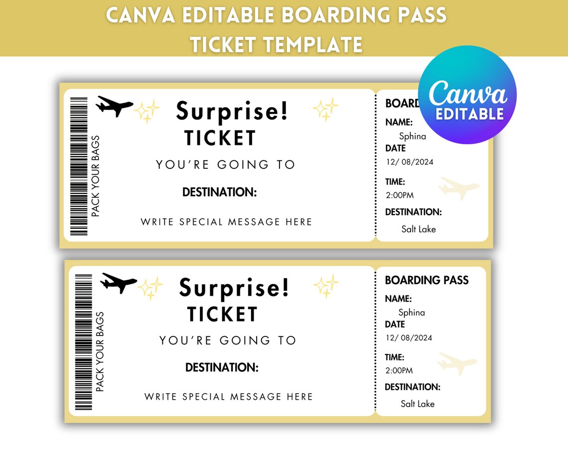 Editable Boarding Pass Template, Printable Personalized Airline Ticket ...