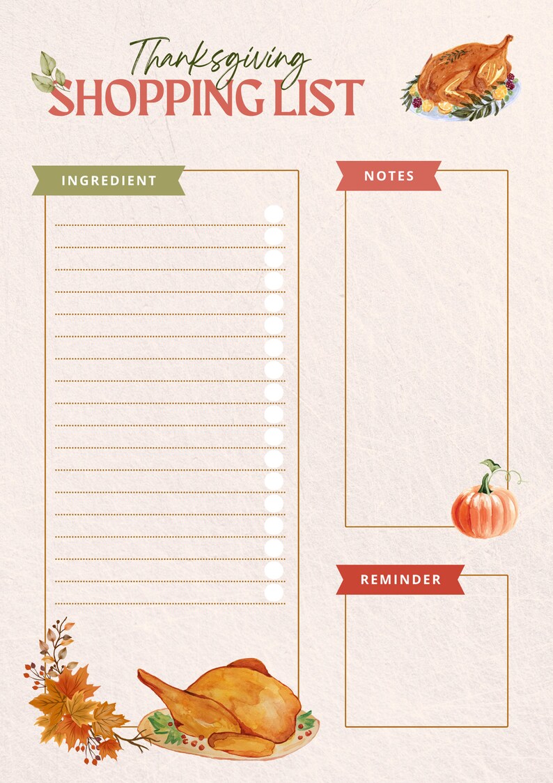 Thanksgiving Shopping List, Thanksgiving Printable Planner ...