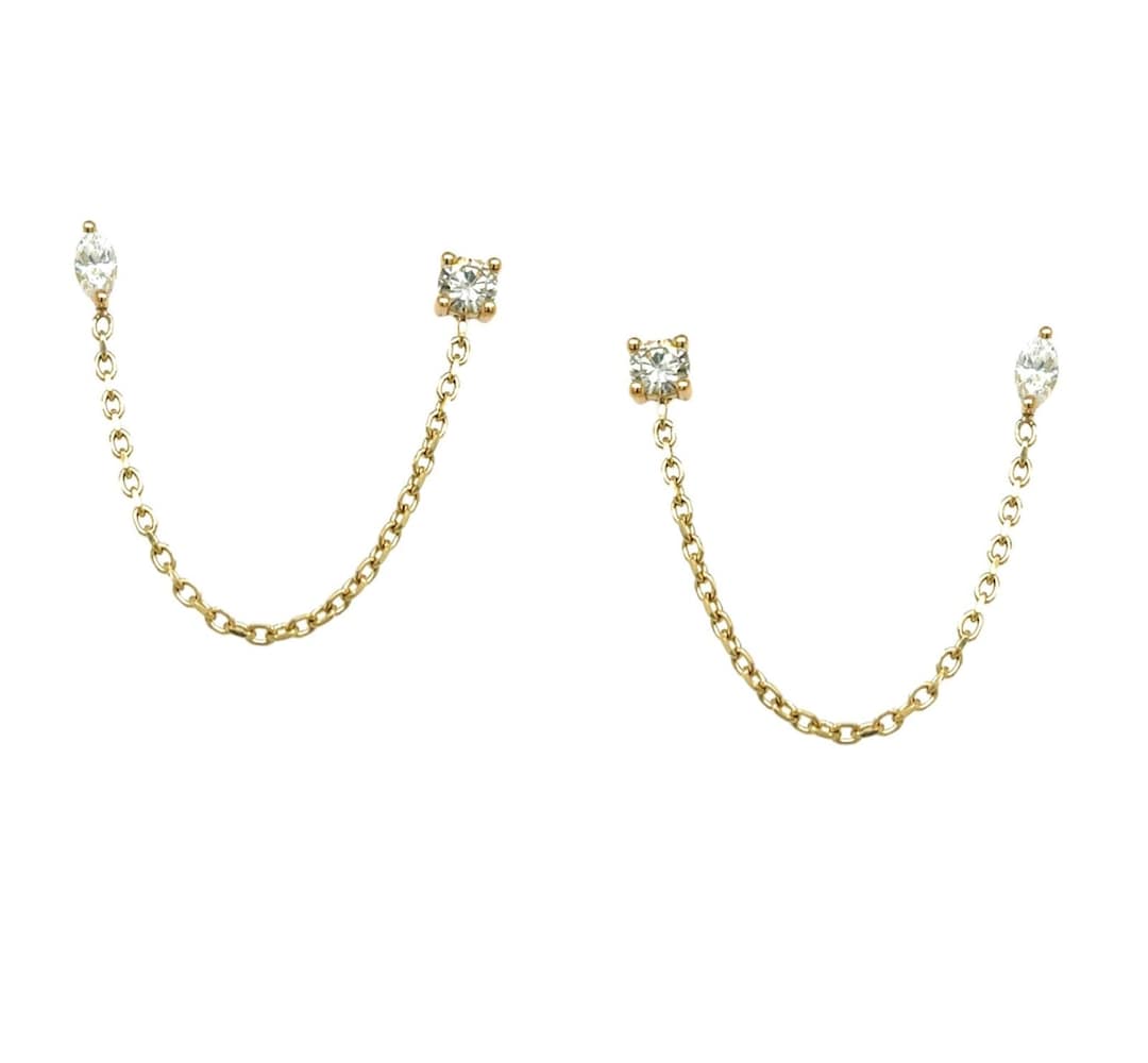 14ct Yellow Gold Chain Earrings Set With 4 Diamonds - Etsy