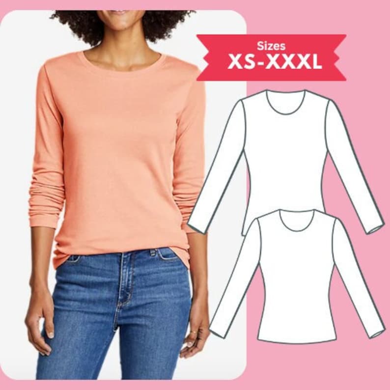 PDF Long Sleeve T-shirt Sewing Pattern Crewneck Stretchy Knit Top ...