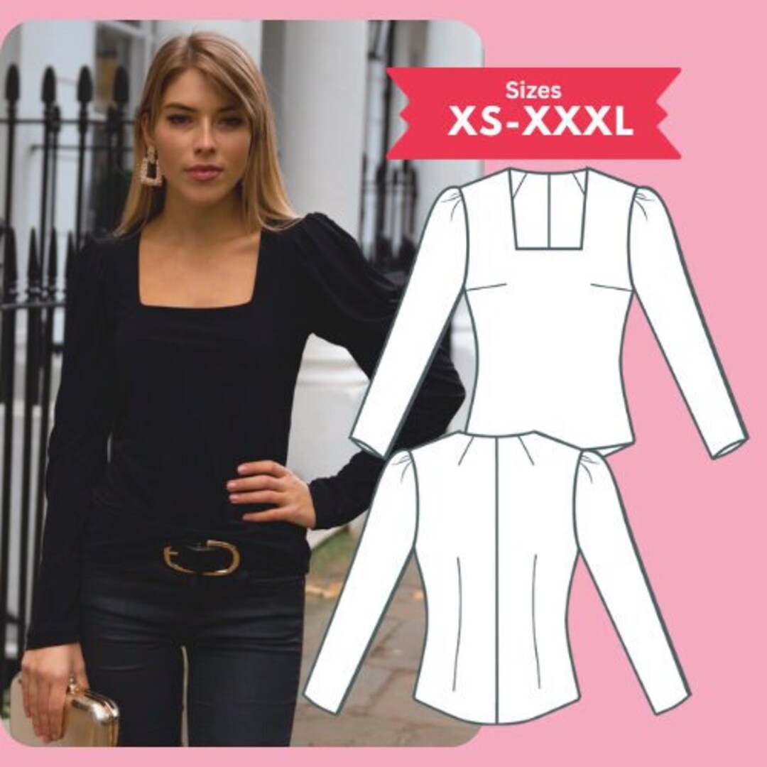 Square Neck Top Pdf Sewing Pattern Puff Sleeve Long Sleeve Blouse ...