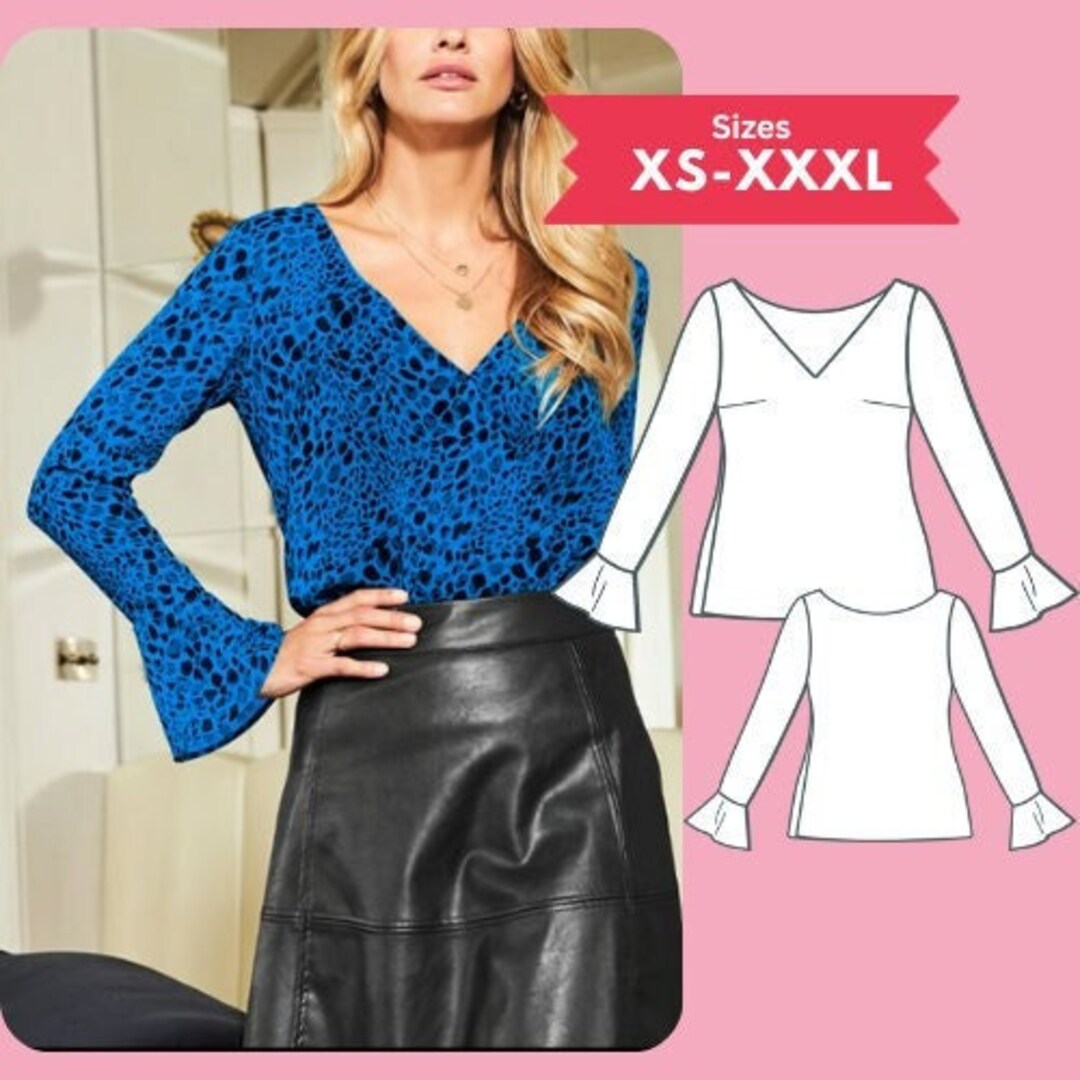 Long Sleeve Top Pattern V-neck Ruffle Sleeve Pdf Sewing Pattern Blouse ...