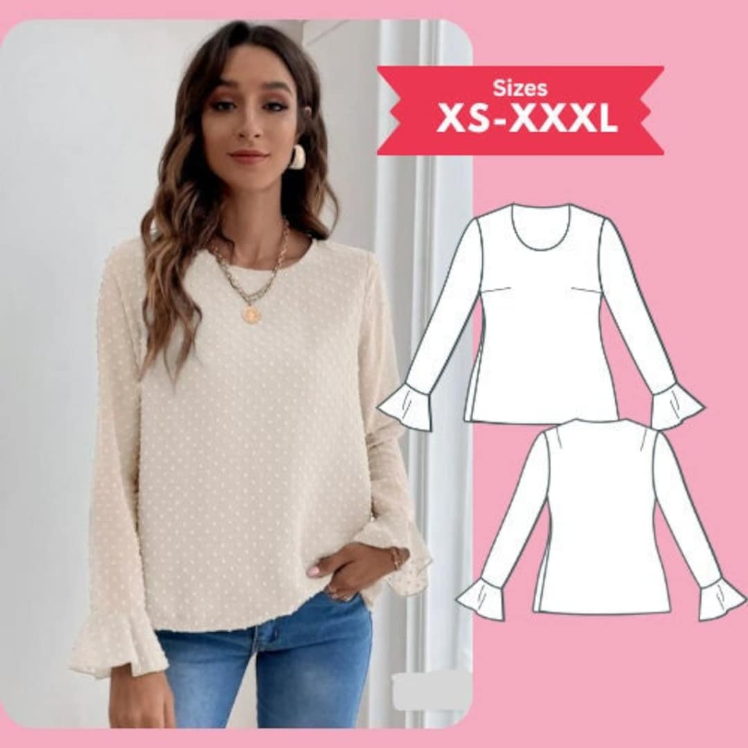 Long Sleeve Top PDF Pattern Ruffle Hem Sleeve Blouse Shirt Pdf Sewing ...