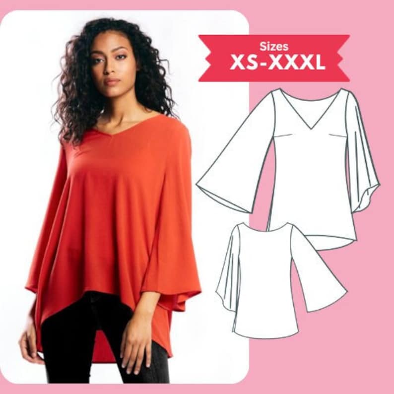 PDF Flared Sleeve Top Sewing Pattern Hi-lo Vneck Long Sleeve Blouse ...