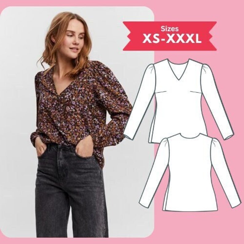 Puff Sleeve Blouse Pattern V-neck PDF Sewing Pattern Long Sleeve Top Pattern Size XS-XXXL ...