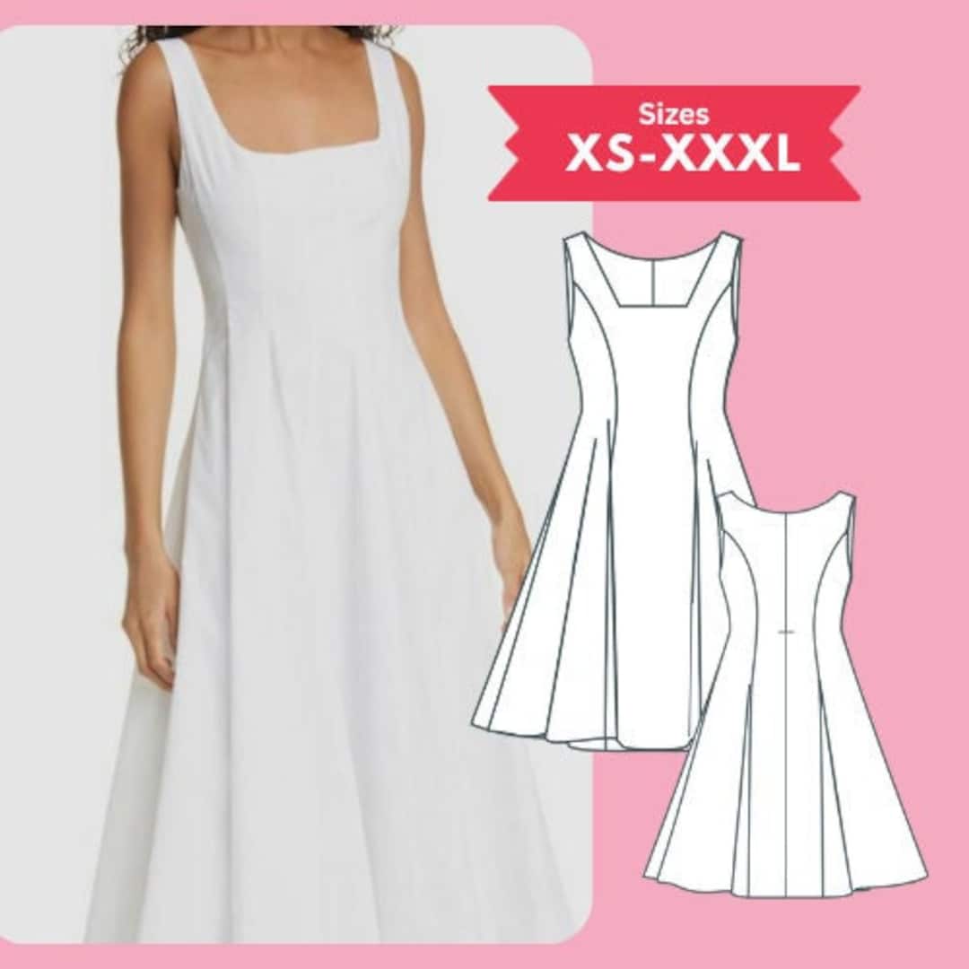 PDF Flared Dress Sewing Pattern Sleeveless Square Neck Midi Dress ...