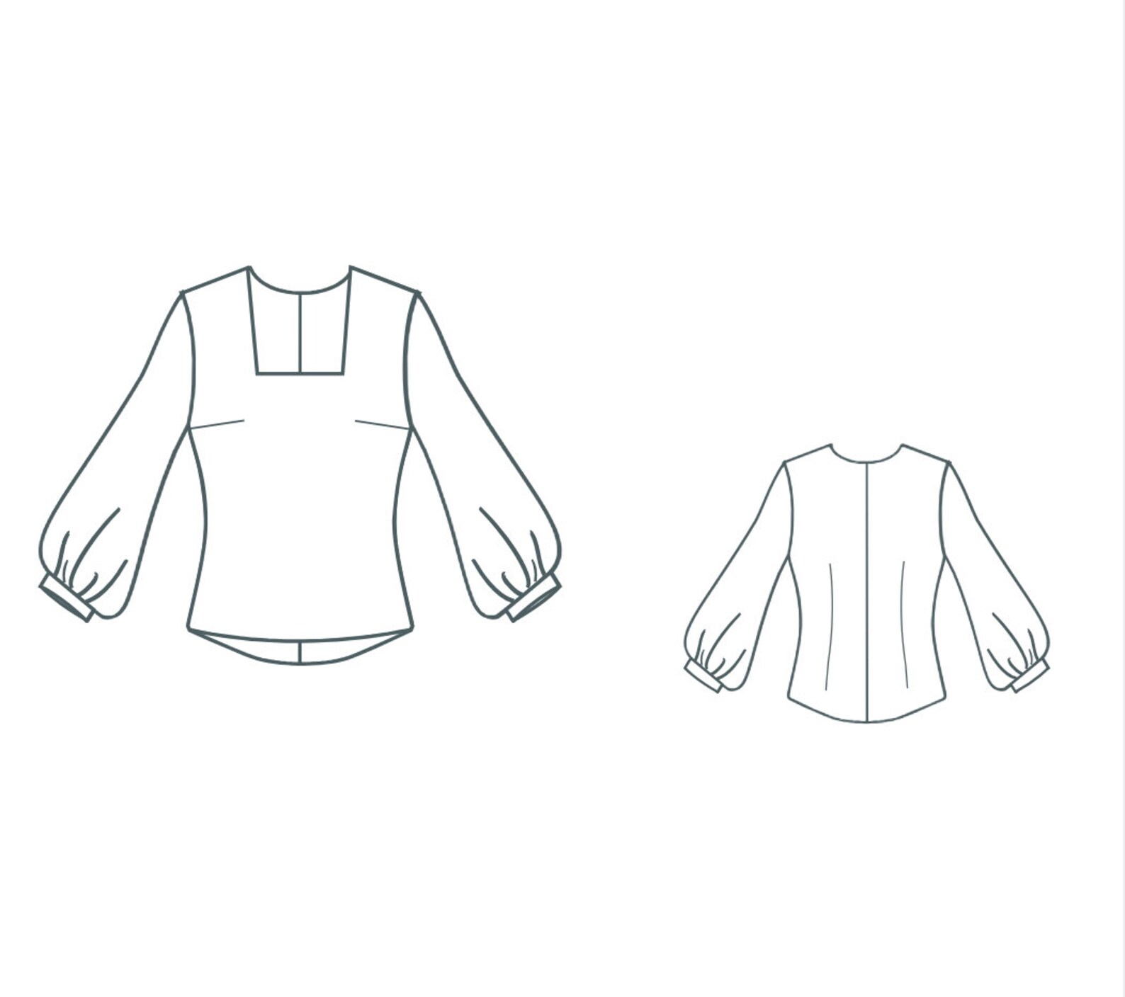 PDF Square Neck Blouse Sewing Pattern Bishop Sleeve Long Sleeve Top ...