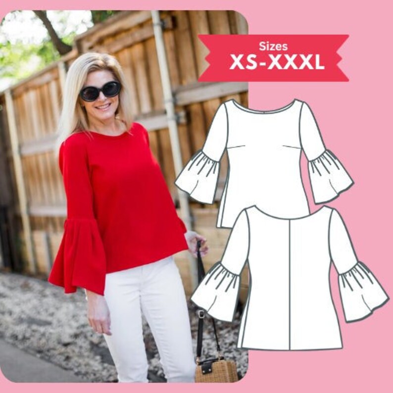 Bell Sleeve Blouse PDF Sewing Pattern Flute Trumpet Sleeve Top ...