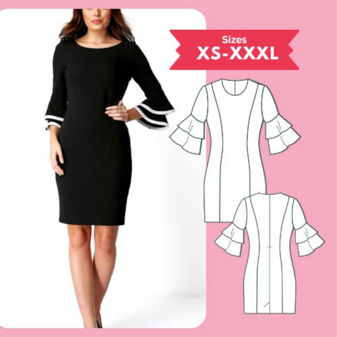 Pdf Fitted Dress Sewing Pattern Double Ruffle Sleeve Pencil Dress ...