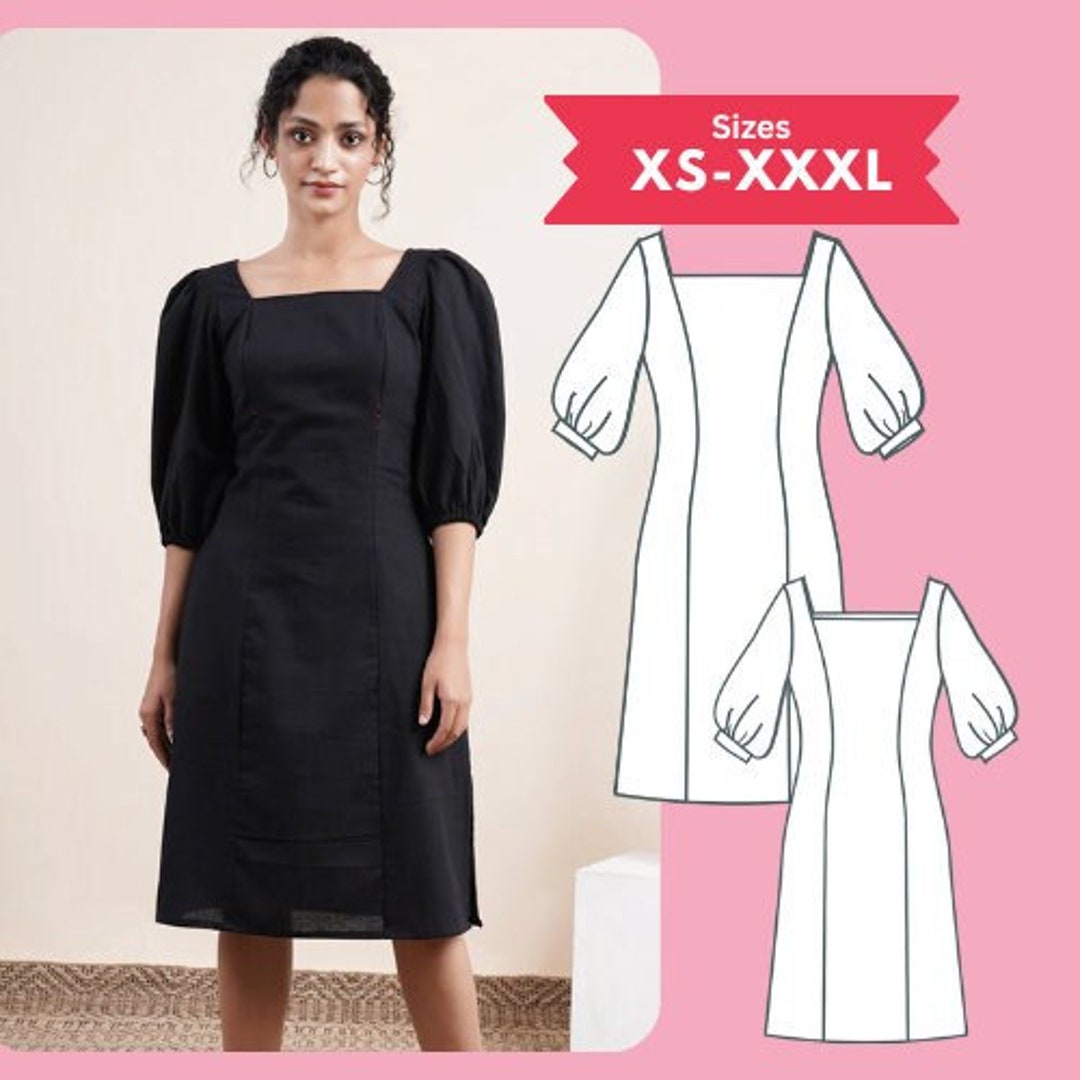 Square Neck Dress Pattern A-line Bishop Sleeve Dress PDF Sewing Pattern ...