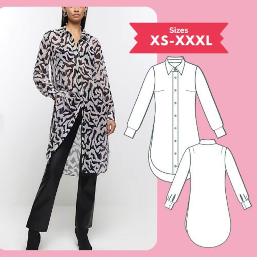 Longline Shirt Pdf Sewing Pattern Long Sleeve Button Down Tunic Shirt ...