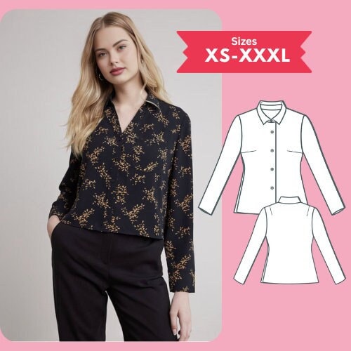 Buttoned Shirt Pdf Sewing Pattern Long Sleeve Loose Fit Blouse Pattern ...