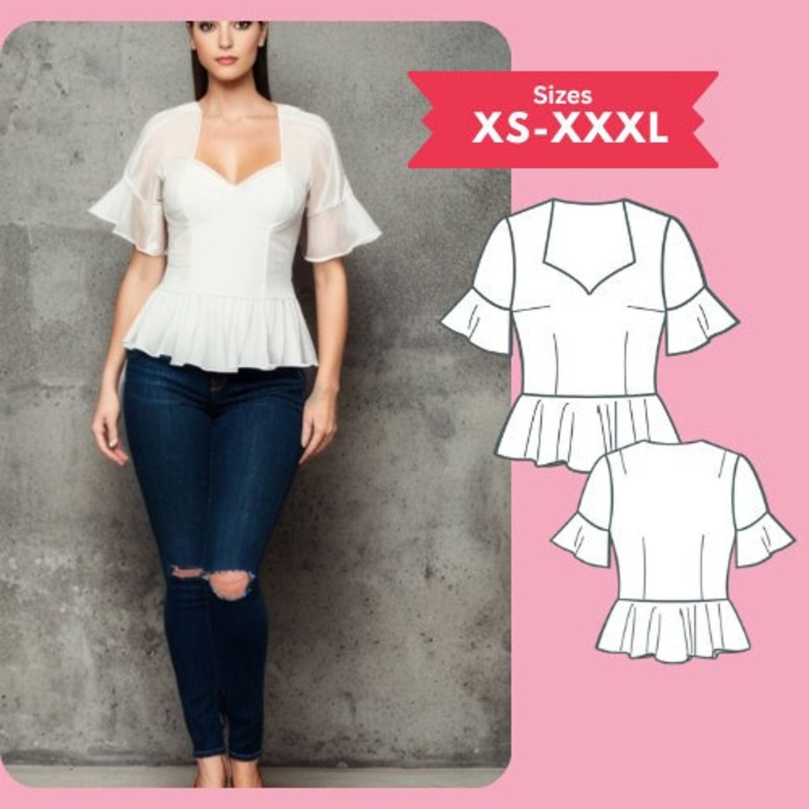 Peplumtop PDF Sewing Pattern Sweetheart Ruffle Sleeve Blouse Shirt Pattern Size XS-XXL Digital ...