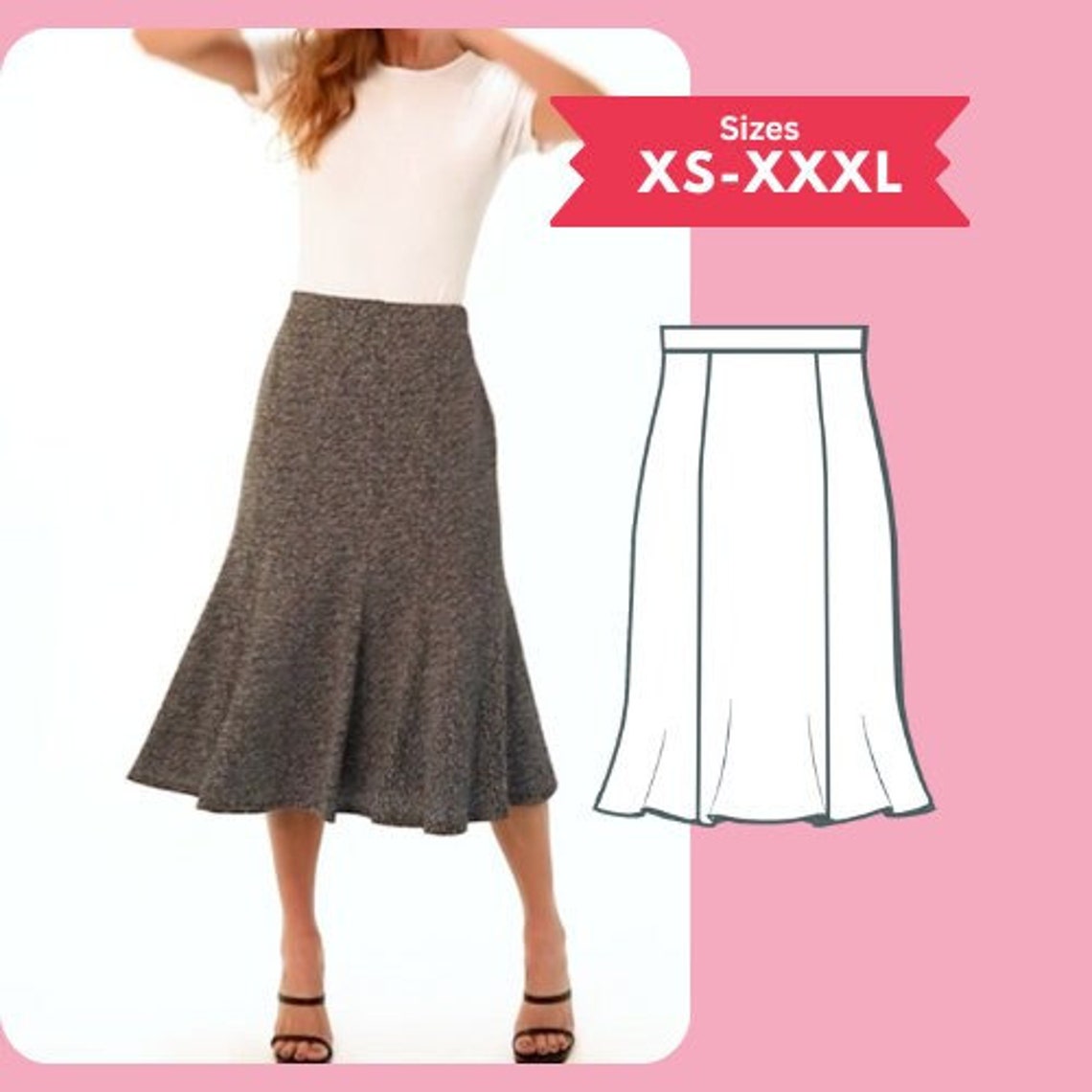 Fishtail Skirt Pdf Sewing Pattern Women Size XS-XXXL Midi Trumpet Skirt ...