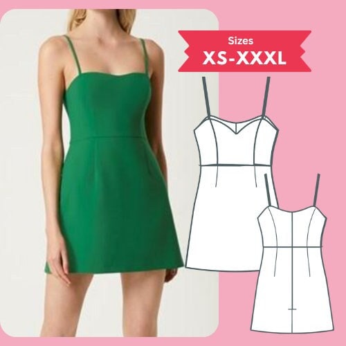 Thin Strap Dress Pdf Sewing Pattern Women Spaghetti Sleeve Sweetheart Neck A-line Dress ...