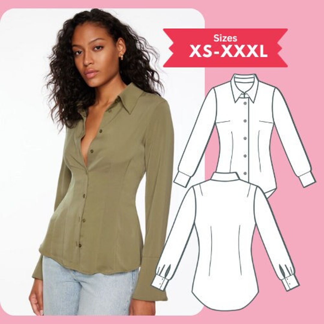 Fitted Shirt Pdf Sewing Pattern Long Sleeve Button Up Dress Etsy