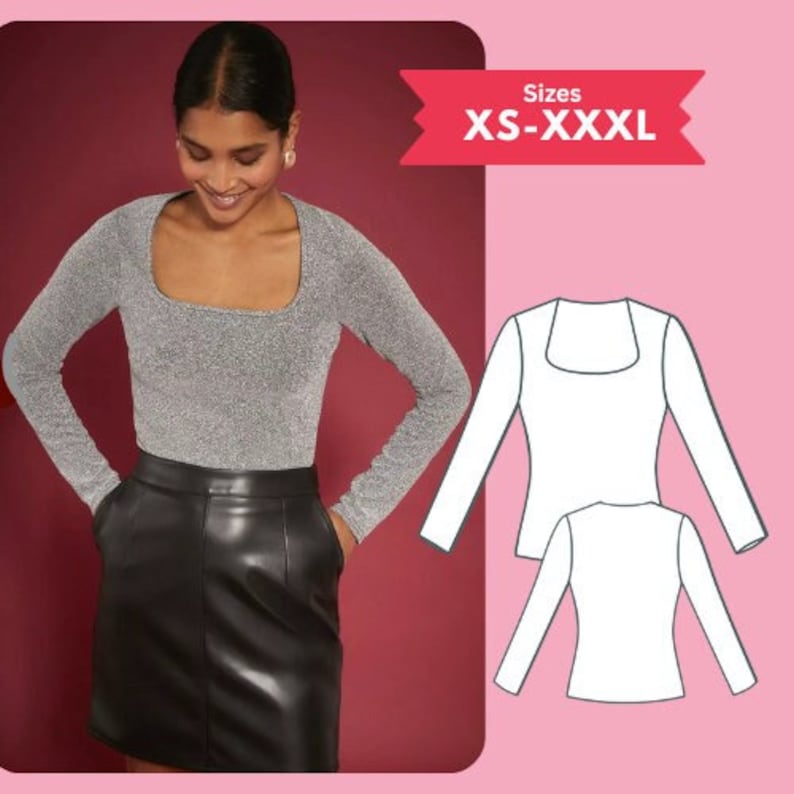 PDF Long Sleeve Top Sewing Pattern Square Neck Stretchy Knit Tee Top ...