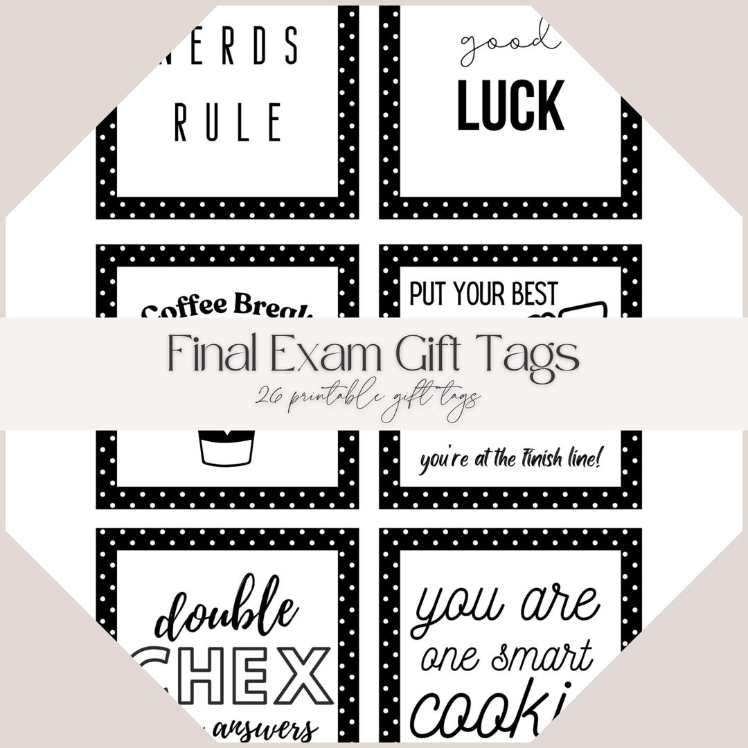 Final Exam Gift Tags: Black & White Printable Cards (instant Download ...