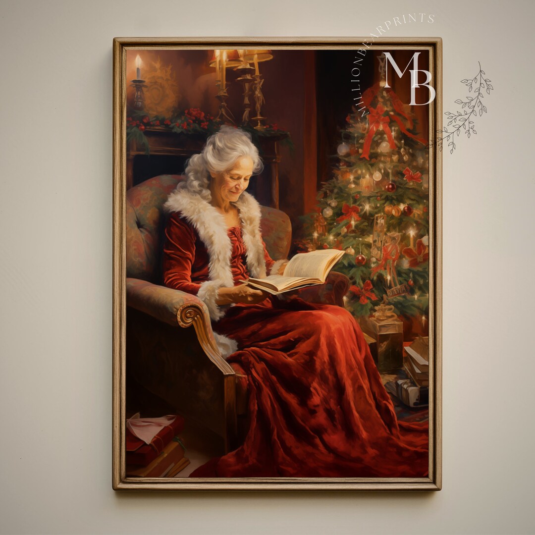 Mrs. Claus Reading Book Wall Art Christmas Digital Print, Cozy Holiday ...