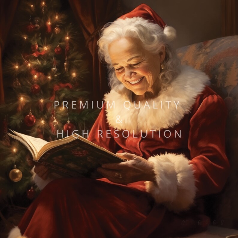 Vintage Christmas Wall Art ,mrs Claus Reading Book Printable,oil ...