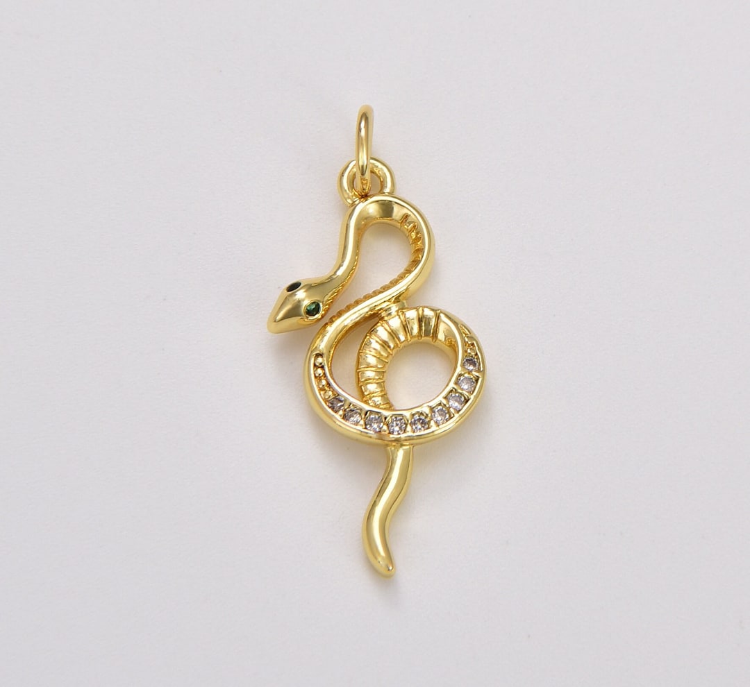 Emerald Green-eyed Snake Charm CZ Micro Pave, Gold Filled Snake ...