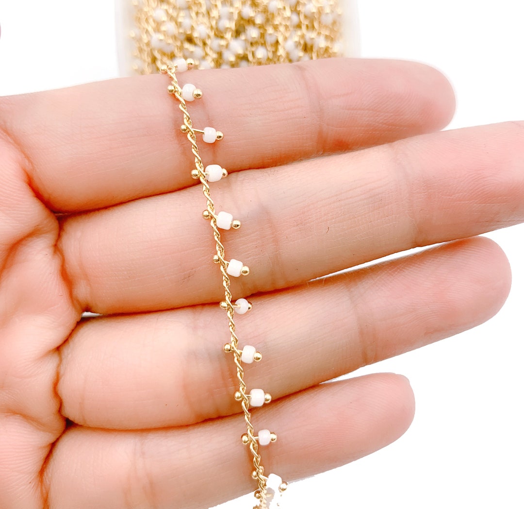 White Beaded Chain, Brass Beaded Chain, Gold Chain With Glass Seed ...