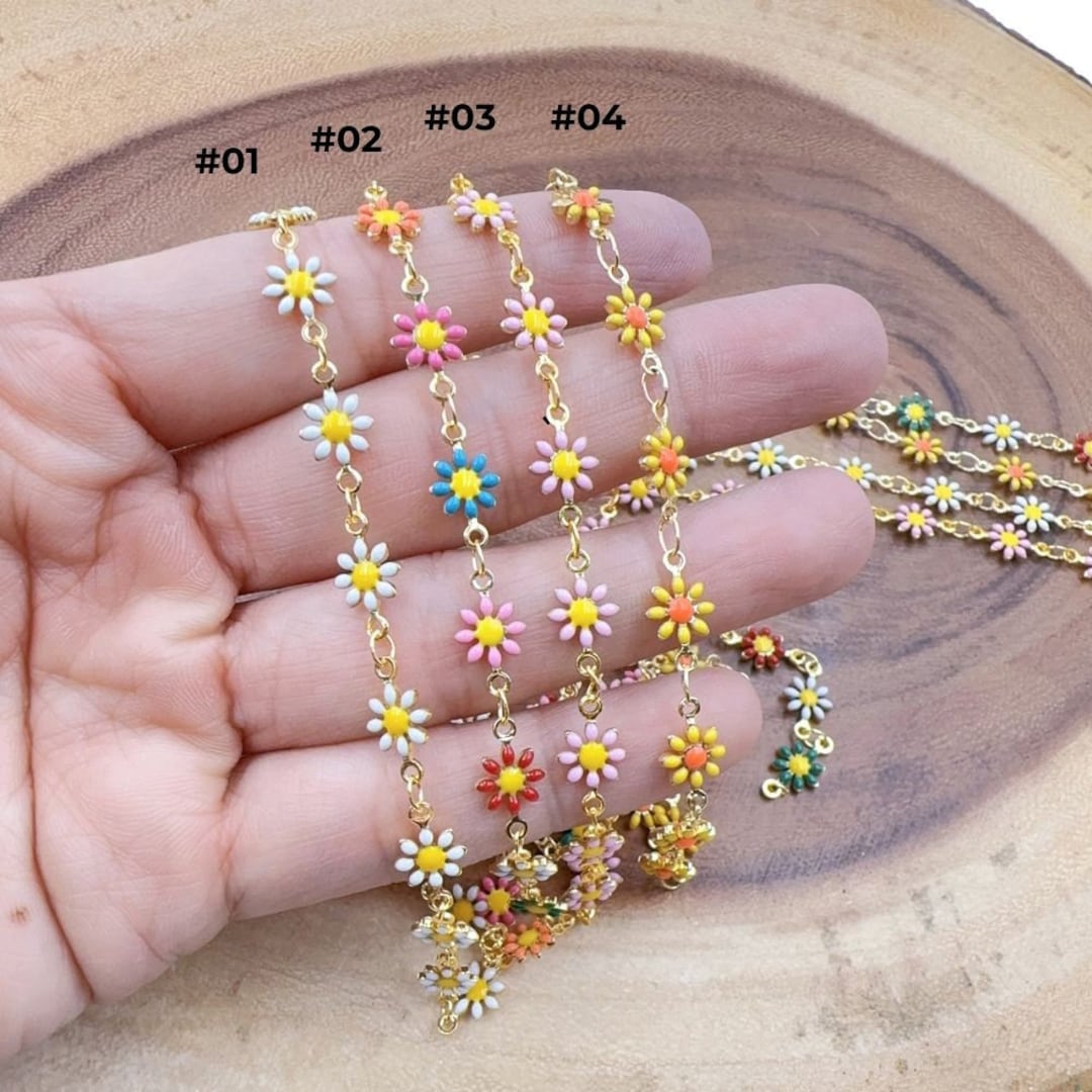 Enamel Daisy Flower Chain by Foot in Gold Filled, Daisy Seed Bead ...