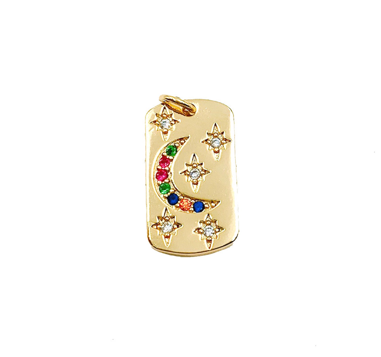 Crescent Moon in Tag Add-on Charm in Gold Filled, Clear & Multicolor CZ ...