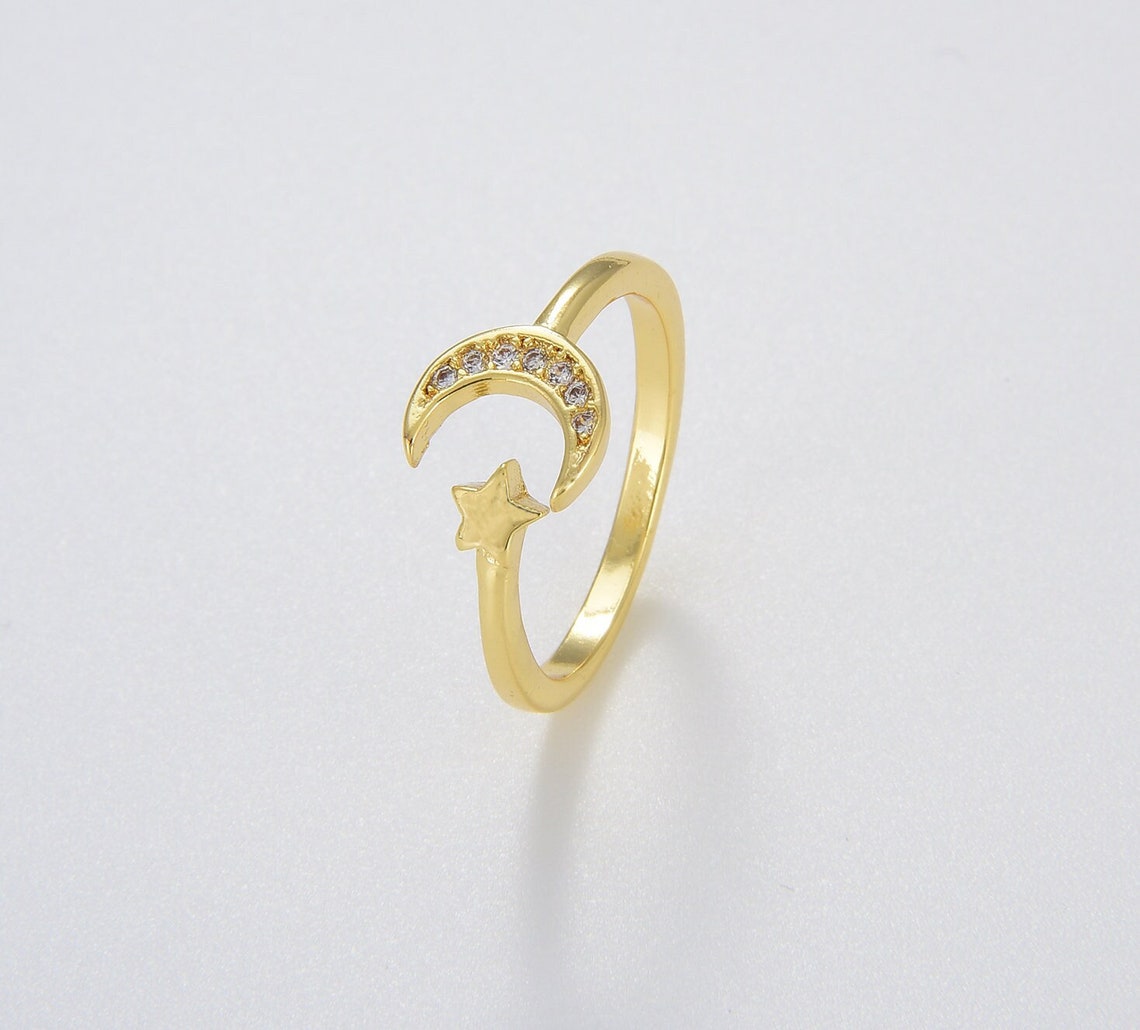 Open Moon & Star Ring Gold Filled, Adjustable Cubic Moon Ring ...