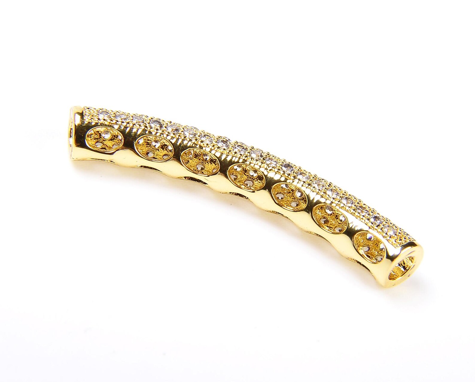 18K Gold Micro Pave Curve Tube Bead, CZ Micro Pave Long Curve Tube for ...