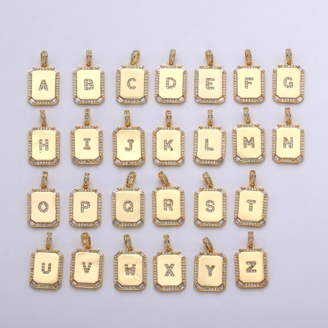 14K Gold Filled Initial Tag Letter Charm CZ Cubic A Z Alphabet Letter ...