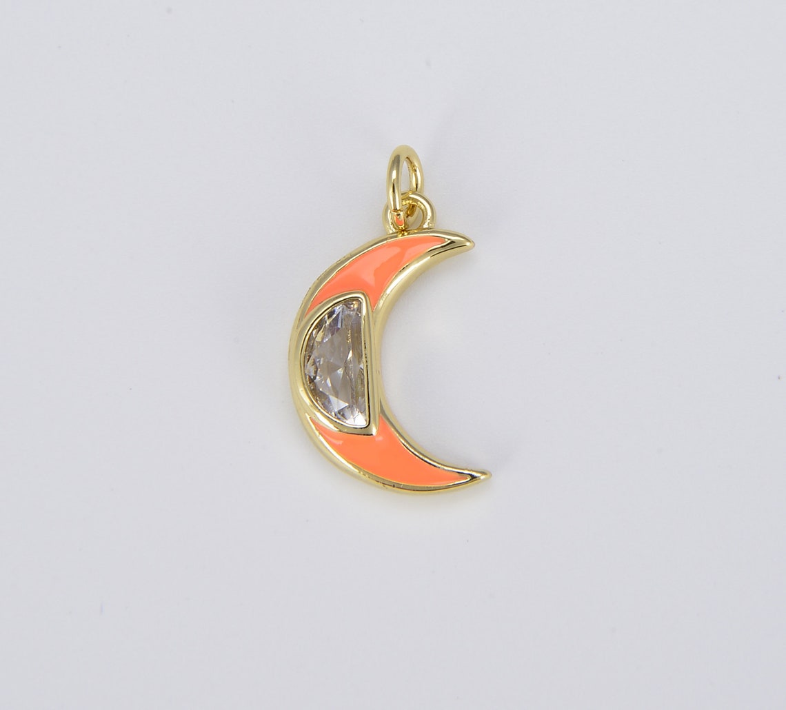 Enamel Crescent Moon Charm, 18K Gold Filled CZ Micro Pave Moon Charm ...