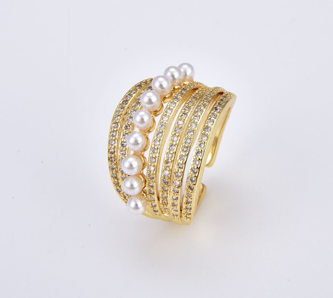Gold Filled Pearl Ring, Layered Band Ring CZ Micro Pave Open Adjustable ...