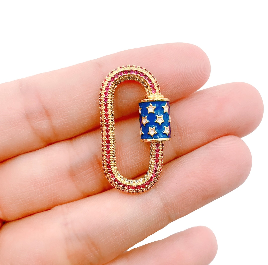 Enamel Star Carabiner Screw Clasp, CZ Micro Pave Oval Shaped Screw ...