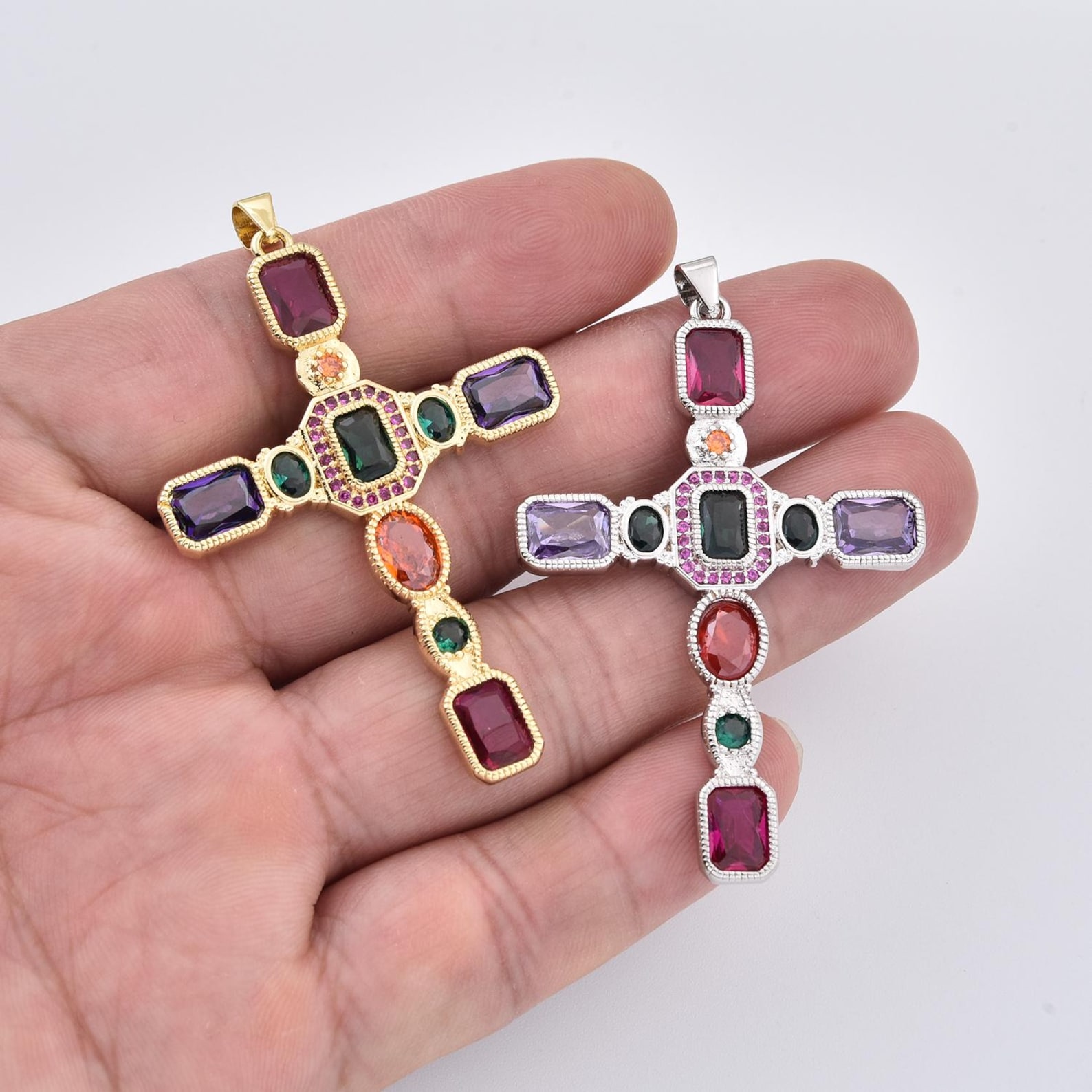 14K Gold Filled Multicolor CZ Geometric Latin Cross Pendant, Gold Cross ...