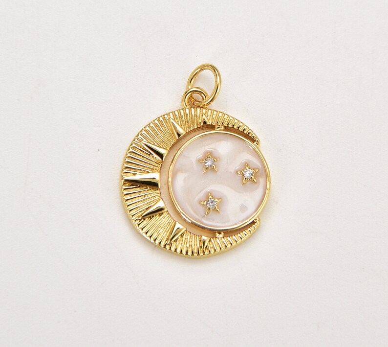 Dainty Celestial Charm, Round Disc Coin Charm, Gold White Enamel Charms ...