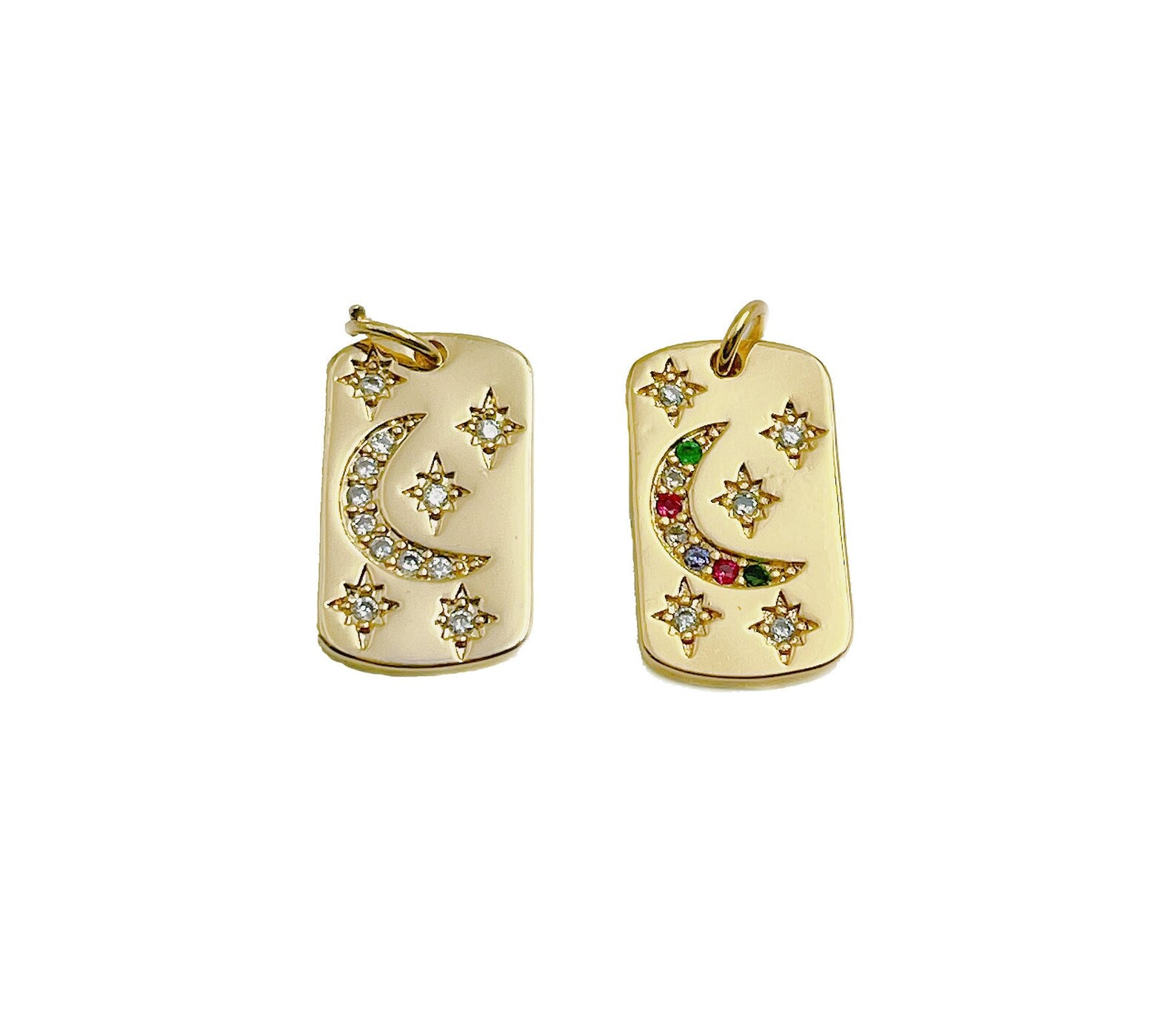 Crescent Moon in Tag Add-on Charm in Gold Filled, Clear & Multicolor CZ ...