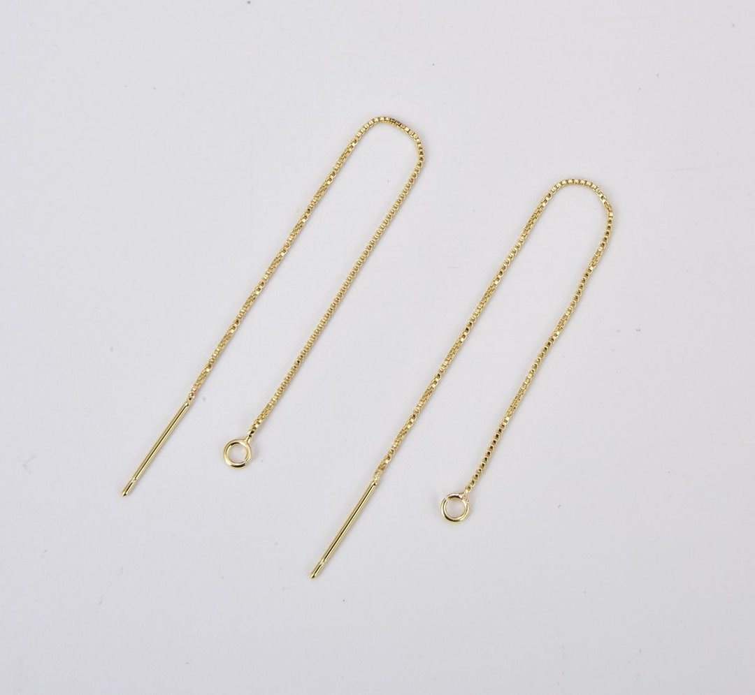 14K Gold Fine Curb Link Ear Thread Chain Earrings, Box Chain Threader ...