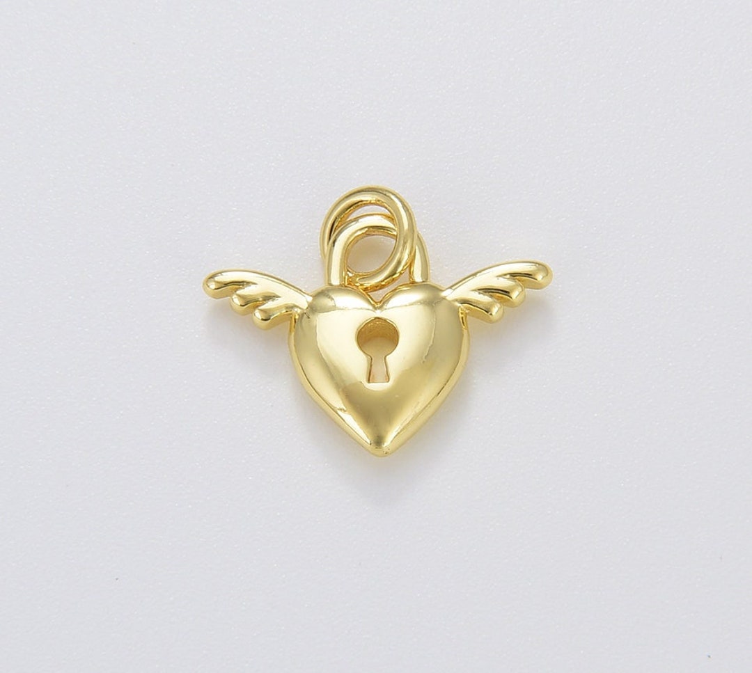 Heart Lock Charm With Angel Wings Cherub, Tiny Heart Lock With Key Hole ...