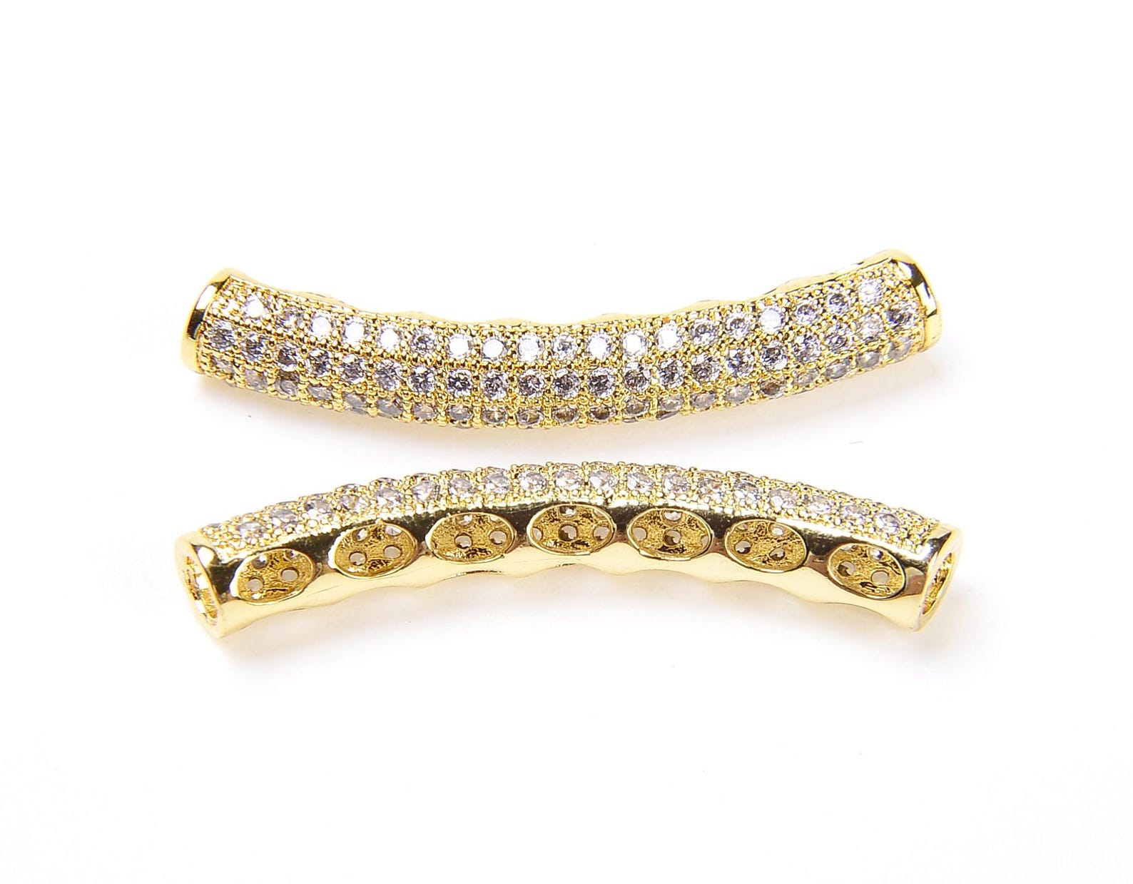 18K Gold Micro Pave Curve Tube Bead, CZ Micro Pave Long Curve Tube for ...