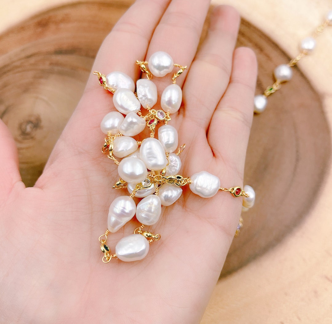 Baroque Pearl Diamond CZ Chain, Freshwater Pearl Baroque Necklace Chain ...