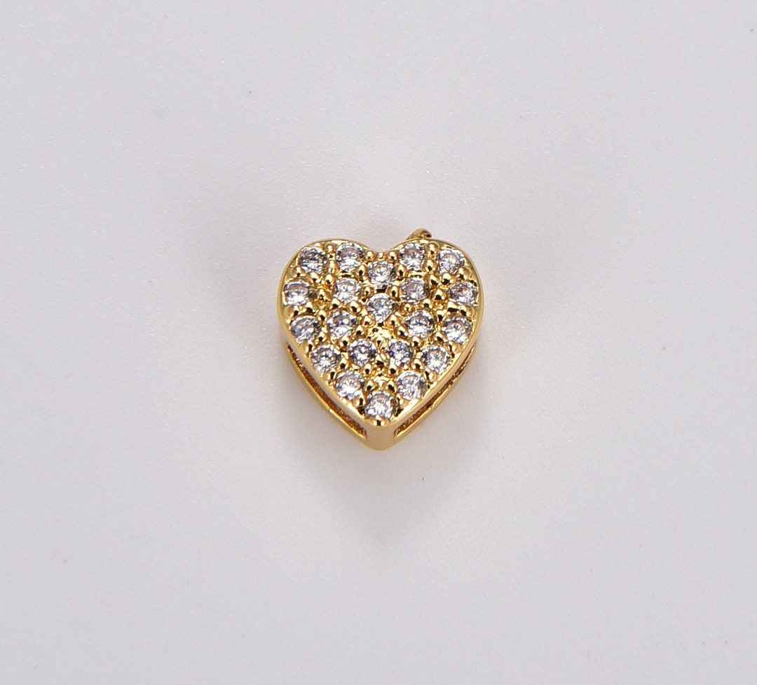 Tiny Heart Slider Gold Beads, Cubic Zirconia Micro Pave Love Beads for ...