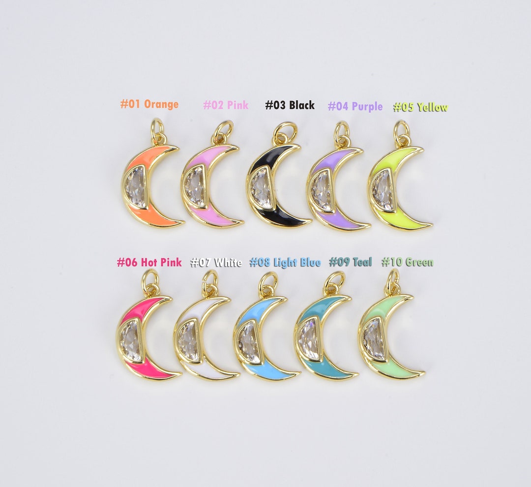 Enamel Crescent Moon Charm, 18K Gold Filled CZ Micro Pave Moon Charm ...