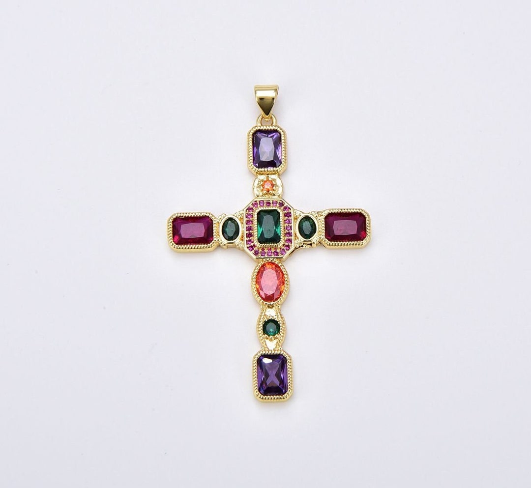 14K Gold Filled Multicolor CZ Geometric Latin Cross Pendant, Gold Cross ...