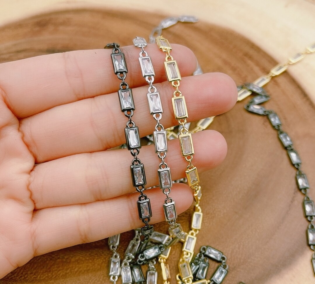 CZ Bezel Chain Diamond by the Yard, Rectangle CZ Necklace Chain , 14K ...