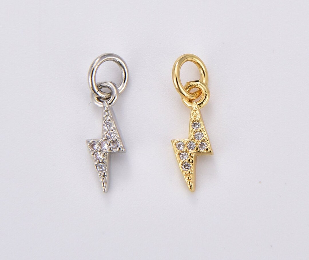 18K Gold Filled Dainty Gold Lightning Charm, CZ Micro Pave Thunder ...